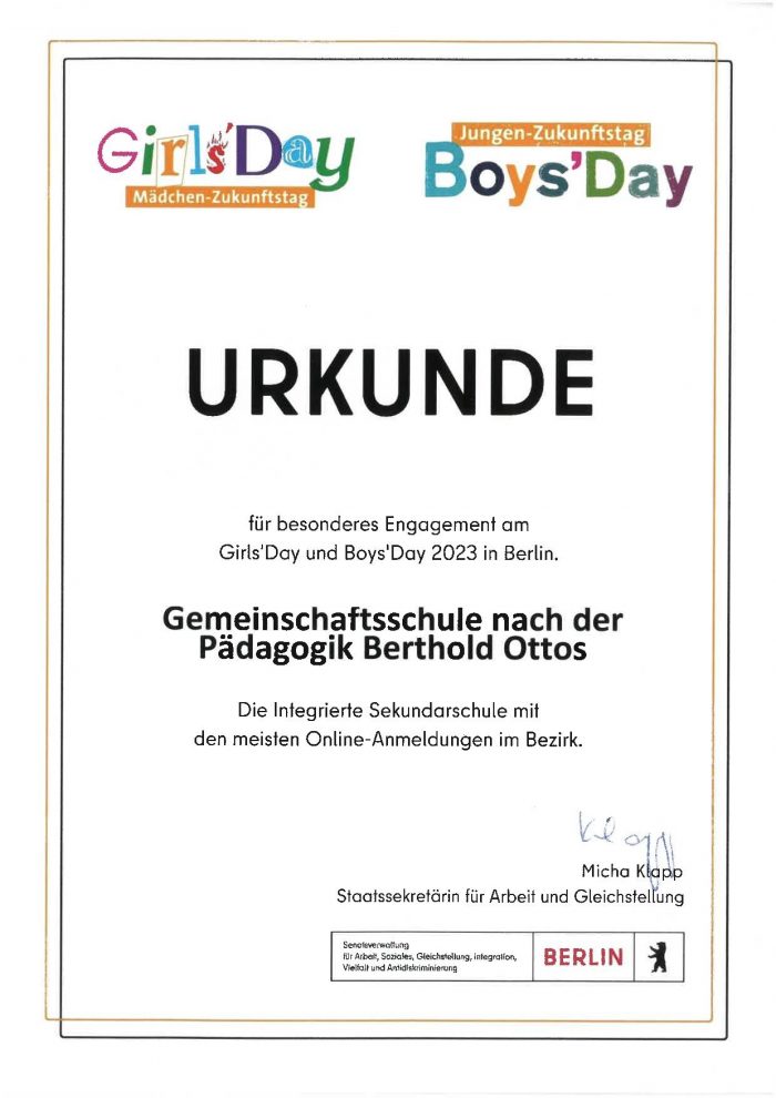 Girls' und Boys' Day URKUNDE • Berthold-Otto-Schule