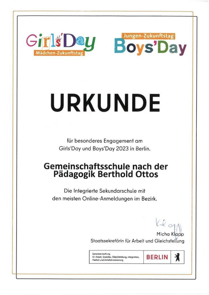 Girls' und Boys' Day URKUNDE • Berthold-Otto-Schule